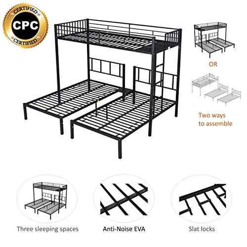 POCIYIHOME Twin Size Triple Bunk Beds with Built-in Storage Shelf, Can Be Separated Into 3 Single Twin Beds, Metal Triple Bunk Bed with Guardrail for Bedroom, Space-saving, No Box Spring Needed, Black