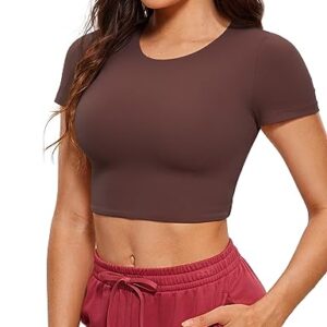 CRZ YOGA Womens Butterluxe Short Sleeve Crop Tops Double Lined Crew Neck Casual Workout T-Shirt Cute Basic Tee Taupe Medium