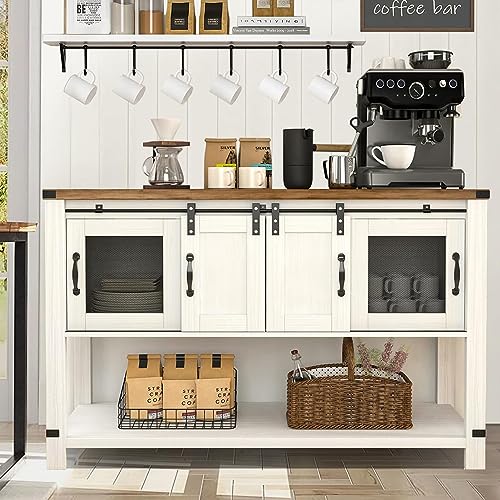 Farmhouse Coffee Bar Cabinet, 47’’ Kitchen Coffee Bar Table, White Coffee Buffet Cabinet with Sliding Barn Door, Entryway Table with Metal Mesh Doors, Bottom Open Storage Shelf, Living Dining Room