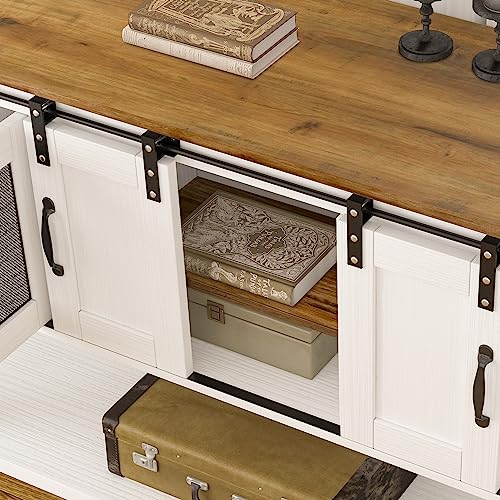 Farmhouse Coffee Bar Cabinet, 47’’ Kitchen Coffee Bar Table, White Coffee Buffet Cabinet with Sliding Barn Door, Entryway Table with Metal Mesh Doors, Bottom Open Storage Shelf, Living Dining Room