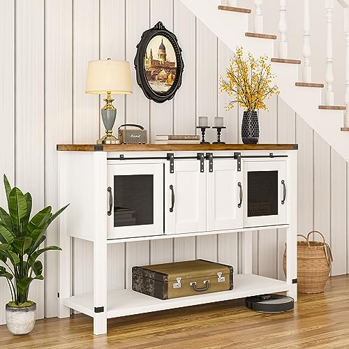 Farmhouse Coffee Bar Cabinet, 47’’ Kitchen Coffee Bar Table, White Coffee Buffet Cabinet with Sliding Barn Door, Entryway Table with Metal Mesh Doors, Bottom Open Storage Shelf, Living Dining Room