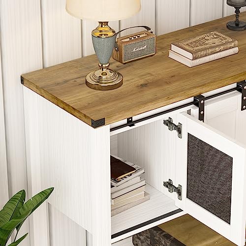 Farmhouse Coffee Bar Cabinet, 47’’ Kitchen Coffee Bar Table, White Coffee Buffet Cabinet with Sliding Barn Door, Entryway Table with Metal Mesh Doors, Bottom Open Storage Shelf, Living Dining Room