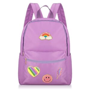 sotiff lightweight backpack preppy patches nylon backpack rainbow heart smile waterproof travel bag pack (purple)