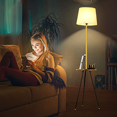 bulbeats Tripod Floor Lamp with Shelf, Side End Table with Lamp, 3000K E26 LED Bulb Included, Modern Standing Lamp with Pull Chain Switch for Living Room Bedroom