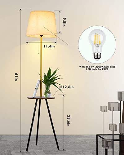 bulbeats Tripod Floor Lamp with Shelf, Side End Table with Lamp, 3000K E26 LED Bulb Included, Modern Standing Lamp with Pull Chain Switch for Living Room Bedroom