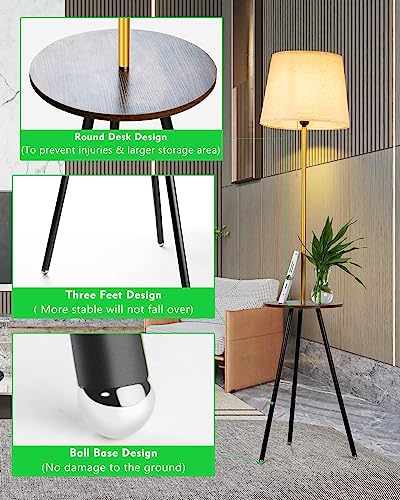 bulbeats Tripod Floor Lamp with Shelf, Side End Table with Lamp, 3000K E26 LED Bulb Included, Modern Standing Lamp with Pull Chain Switch for Living Room Bedroom