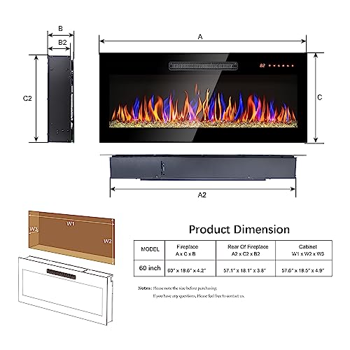 60 inch Electric Fireplace in-Wall Recessed and Wall Mounted with Remote and 16 Colors Flame & 16 Emberbed Colors, Adjustable Temperature LED Light Fireplace Heater, Timer, Low Noise