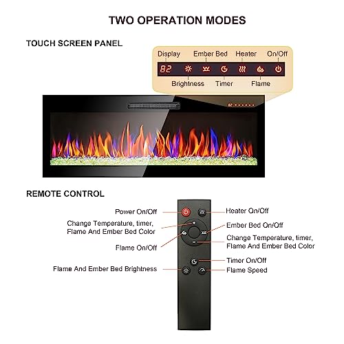 60 inch Electric Fireplace in-Wall Recessed and Wall Mounted with Remote and 16 Colors Flame & 16 Emberbed Colors, Adjustable Temperature LED Light Fireplace Heater, Timer, Low Noise