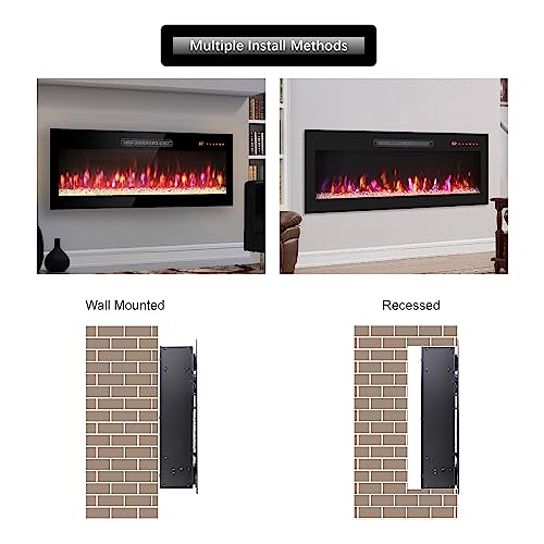 60 inch Electric Fireplace in-Wall Recessed and Wall Mounted with Remote and 16 Colors Flame & 16 Emberbed Colors, Adjustable Temperature LED Light Fireplace Heater, Timer, Low Noise