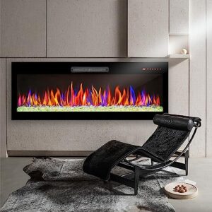 60 inch Electric Fireplace in-Wall Recessed and Wall Mounted with Remote and 16 Colors Flame & 16 Emberbed Colors, Adjustable Temperature LED Light Fireplace Heater, Timer, Low Noise