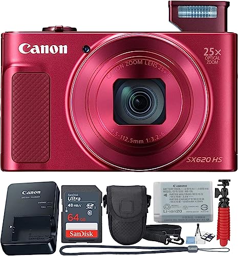 PowerShot SX620 HS 20.3 MP Wi-Fi Digital Camera with 40x Optical Zoom & HD 1080p Video (Red) 11 Piece Value Bundle (Renewed)