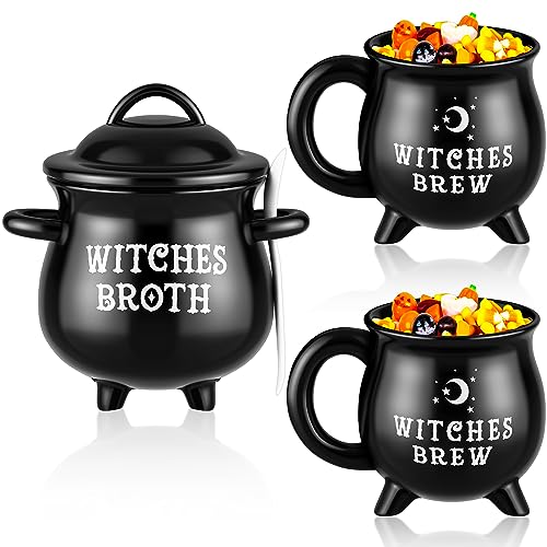 Skylety 3 Pcs Witch's Brew Cauldron Cups Include 1 Set 17 Oz Witches Broth Cauldron Coffee Mug with Spoon and Cover 2 Pcs 12 Oz Witches Brew Black Ceramic Cauldron Mug Halloween Mug Drinkware