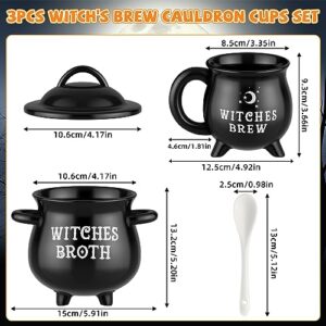 Skylety 3 Pcs Witch's Brew Cauldron Cups Include 1 Set 17 Oz Witches Broth Cauldron Coffee Mug with Spoon and Cover 2 Pcs 12 Oz Witches Brew Black Ceramic Cauldron Mug Halloween Mug Drinkware