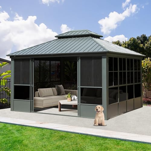 Domi 12x14FT Sunroom,Solarium Aluminum Hardtop Gazebo with Galvanized Steel Double Roof, Lockable Screen House,Moveable PC Screen&Sliding Door for Patio Deck Backyard Lawn