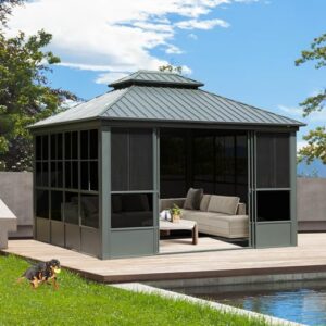 domi 12x14ft sunroom,solarium aluminum hardtop gazebo with galvanized steel double roof, lockable screen house,moveable pc screen&sliding door for patio deck backyard lawn