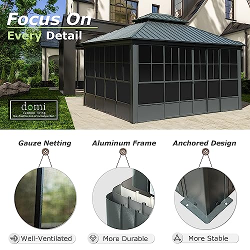 Domi 12x14FT Sunroom,Solarium Aluminum Hardtop Gazebo with Galvanized Steel Double Roof, Lockable Screen House,Moveable PC Screen&Sliding Door for Patio Deck Backyard Lawn