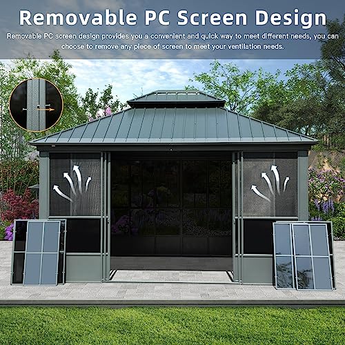 Domi 12x14FT Sunroom,Solarium Aluminum Hardtop Gazebo with Galvanized Steel Double Roof, Lockable Screen House,Moveable PC Screen&Sliding Door for Patio Deck Backyard Lawn