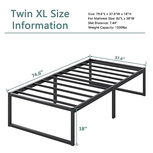 XINXINYAN 18 Inch Twin XL Bed Frame, No Box Spring Needed, Heavy Duty Metal Platform XL Twin Bed Frame, Strong Steel Slats Support, Noise Free, Easy Assembly, Black