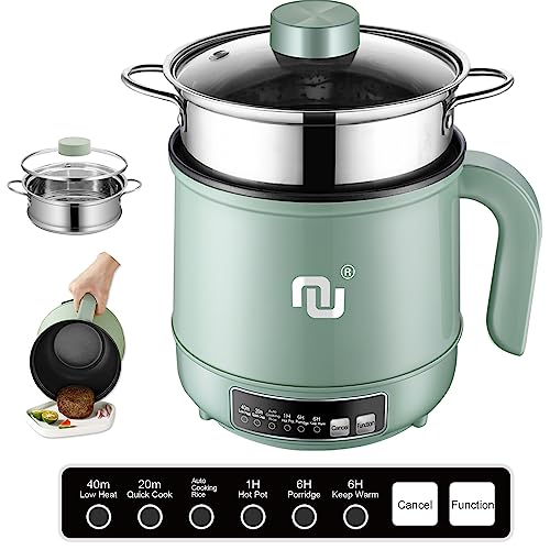 Smart Mini Hot Pot w. Timer 3 Power Level 5 Modes Stainless Steel Steamer Basket 1.7L Non-Stick Rapid Noodle Cooker 600W Quick Cook 300W Low Heat 15W Keep Warm for 6H Non-Stick Pan for Rice Soup Pasta, Green