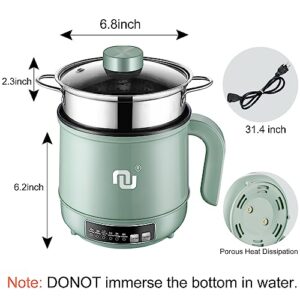 Smart Mini Hot Pot w. Timer 3 Power Level 5 Modes Stainless Steel Steamer Basket 1.7L Non-Stick Rapid Noodle Cooker 600W Quick Cook 300W Low Heat 15W Keep Warm for 6H Non-Stick Pan for Rice Soup Pasta, Green