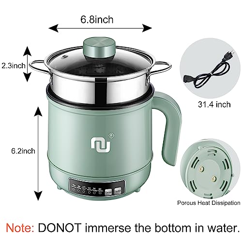 Smart Mini Hot Pot w. Timer 3 Power Level 5 Modes Stainless Steel Steamer Basket 1.7L Non-Stick Rapid Noodle Cooker 600W Quick Cook 300W Low Heat 15W Keep Warm for 6H Non-Stick Pan for Rice Soup Pasta, Green