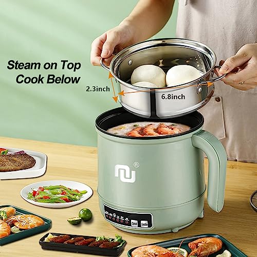 Smart Mini Hot Pot w. Timer 3 Power Level 5 Modes Stainless Steel Steamer Basket 1.7L Non-Stick Rapid Noodle Cooker 600W Quick Cook 300W Low Heat 15W Keep Warm for 6H Non-Stick Pan for Rice Soup Pasta, Green