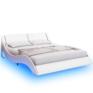 dictac modern upholstered platform bed frame with led lights faux leather low profile full led bed frame wave-like curve platform bed frame with headboard strong wood slats support, white, full size