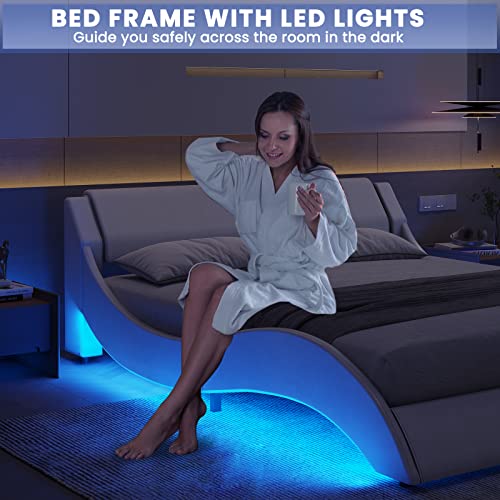 DICTAC Modern Upholstered Platform Bed Frame with LED Lights Faux Leather Low Profile Full LED Bed Frame Wave-Like Curve Platform Bed Frame with Headboard Strong Wood Slats Support, White, Full Size