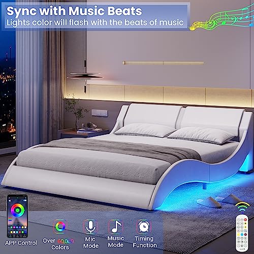 DICTAC Modern Upholstered Platform Bed Frame with LED Lights Faux Leather Low Profile Full LED Bed Frame Wave-Like Curve Platform Bed Frame with Headboard Strong Wood Slats Support, White, Full Size