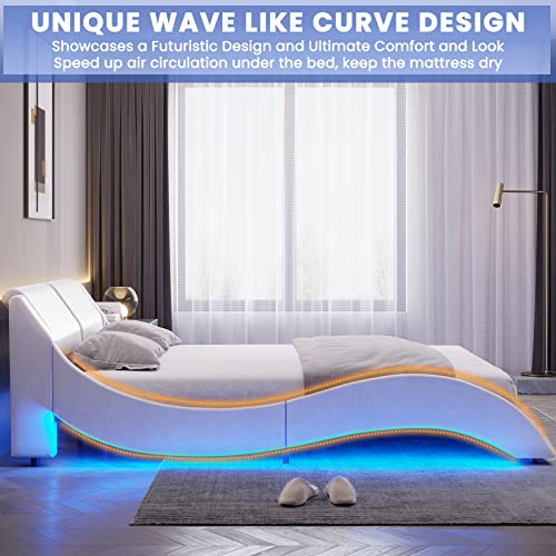 DICTAC Modern Upholstered Platform Bed Frame with LED Lights Faux Leather Low Profile Full LED Bed Frame Wave-Like Curve Platform Bed Frame with Headboard Strong Wood Slats Support, White, Full Size