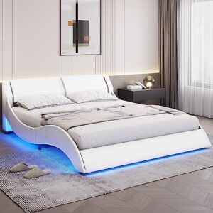 DICTAC Modern Upholstered Platform Bed Frame with LED Lights Faux Leather Low Profile Full LED Bed Frame Wave-Like Curve Platform Bed Frame with Headboard Strong Wood Slats Support, White, Full Size