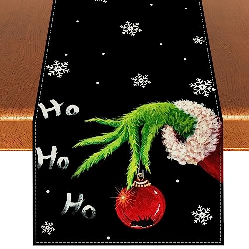 Rvsticty Linen Grinch Table Runner Merry Grinchmas Tablecloth Winter New Year Xmas Christmas Decorations and Supplies for Home Kitchen Table-13×72''