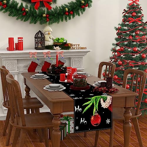 Rvsticty Linen Grinch Table Runner Merry Grinchmas Tablecloth Winter New Year Xmas Christmas Decorations and Supplies for Home Kitchen Table-13×72''