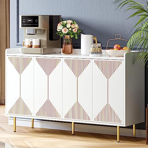 YITAHOME Sideboard Buffet, Modern Buffet Cabinet Storage Cabinet with Carved Design Doors 300 lbs Capacity for Hallway, Entryway, Kitchen or Living Room, White