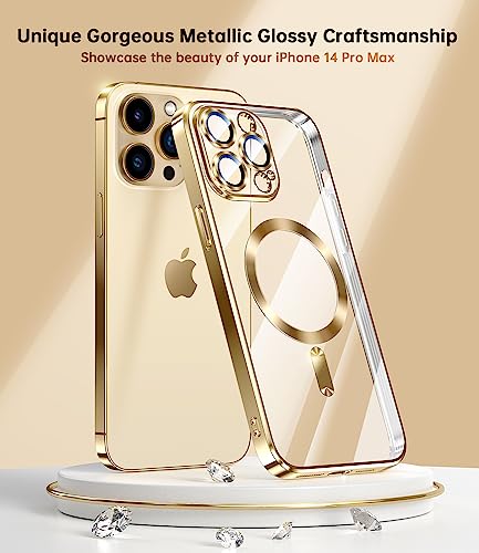 Waldeng for iPhone 14 Pro Case with Integrated Camera Lens Protector, [Compatible with MagSafe] [Original iPhone Exterior], Crystal Clear Case for iPhone 14 Pro 6.1", Gold