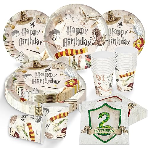 AURORAPARTY 96pcs Harry Birthday Party Supplies Potter Party Paper Plates Napkins Cups Kids Boys Birthday Decorations Birthday Disposable Party Tableware Set for 24 Guests