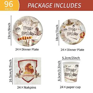 AURORAPARTY 96pcs Harry Birthday Party Supplies Potter Party Paper Plates Napkins Cups Kids Boys Birthday Decorations Birthday Disposable Party Tableware Set for 24 Guests