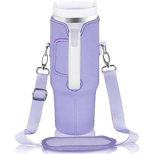 OriJoy Water Bottle Carrier Bag Holder for Stanley 40/30 Oz Tumbler Cup Accessories, Neoprene Pouch Sleeve with Adjustable Crossbody Strap, Purple