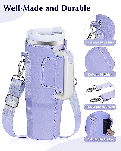 OriJoy Water Bottle Carrier Bag Holder for Stanley 40/30 Oz Tumbler Cup Accessories, Neoprene Pouch Sleeve with Adjustable Crossbody Strap, Purple