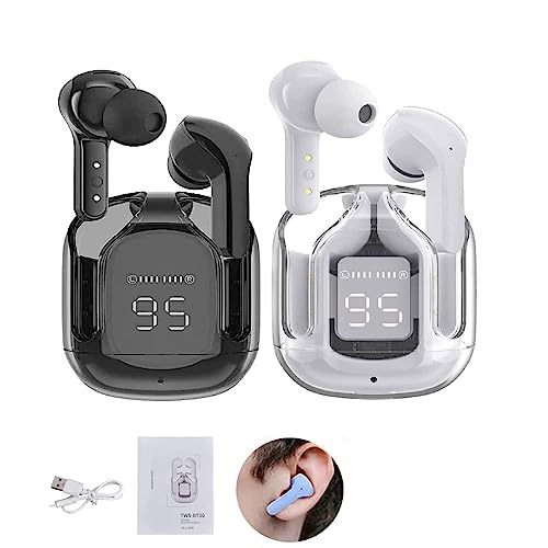 dhaonxb Crystal Earbuds,Bluetooth Headphones Noise Canceling Translucent Earphones,Mini Crystal in-Ear Earbuds LED Power Display (Black+White)