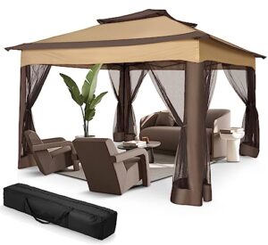 hoteel pop up gazebo with mosquito netting 11x11 canopy instant gazebo tent outdoor gazebos for patios waterproof vented roof screen gazebos for backyard, lawn,garden, base 10x10, 121ft² of shade