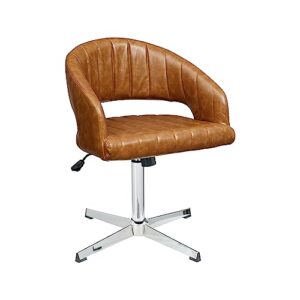 Volans Mid Century Modern Desk Chair Swivel Office Chair No Wheels, Vintage Faux Leather Swivel Desk Chair with Hollow Breathable Back for Small Spaces, Home Office,1 Pcs Brown