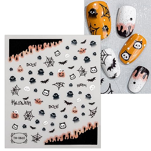 JMEOWIO 9 Sheets Halloween Nail Art Stickers Decals Self-Adhesive Pegatinas Uñas Skull Ghost Spider Web Bat Nail Supplies Nail Art Design Decoration Accessories