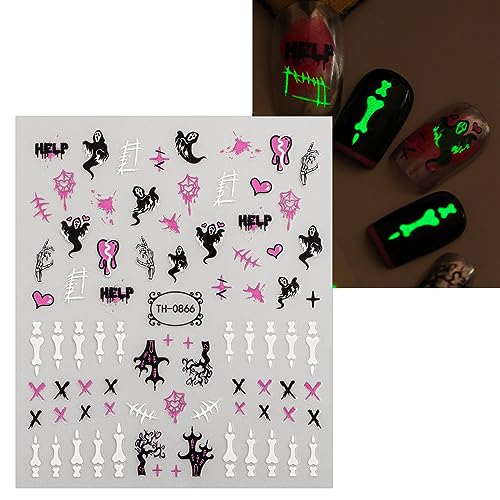 JMEOWIO 9 Sheets Halloween Nail Art Stickers Decals Self-Adhesive Pegatinas Uñas Skull Ghost Spider Web Bat Nail Supplies Nail Art Design Decoration Accessories