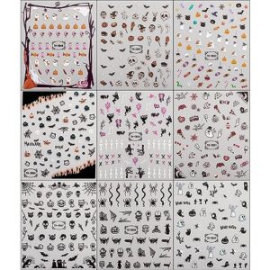 JMEOWIO 9 Sheets Halloween Nail Art Stickers Decals Self-Adhesive Pegatinas Uñas Skull Ghost Spider Web Bat Nail Supplies Nail Art Design Decoration Accessories