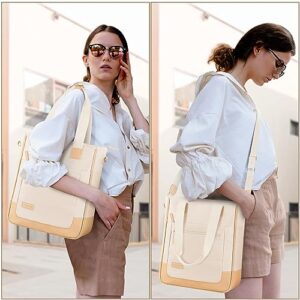 ETRONIK Tote Bag for Women, Canvas Tote Bag with Pockets, Compartments and Zipper for Work, School, Casual, Khaki