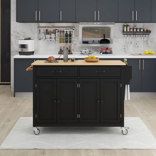 Origeture Large Kitchen Island with Storage, Mobile Kitchen Island Cart on Wheels with 2 Drawers and 2 Storage Cabinets, Solid Wood Countertop, Spice & Towel Racks, Adjustable Shelves, Black