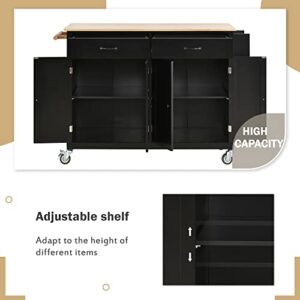 Origeture Large Kitchen Island with Storage, Mobile Kitchen Island Cart on Wheels with 2 Drawers and 2 Storage Cabinets, Solid Wood Countertop, Spice & Towel Racks, Adjustable Shelves, Black