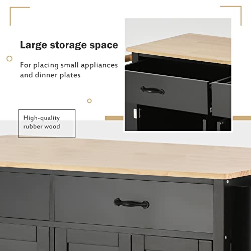 Origeture Large Kitchen Island with Storage, Mobile Kitchen Island Cart on Wheels with 2 Drawers and 2 Storage Cabinets, Solid Wood Countertop, Spice & Towel Racks, Adjustable Shelves, Black