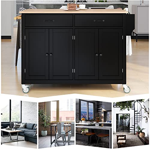 Origeture Large Kitchen Island with Storage, Mobile Kitchen Island Cart on Wheels with 2 Drawers and 2 Storage Cabinets, Solid Wood Countertop, Spice & Towel Racks, Adjustable Shelves, Black